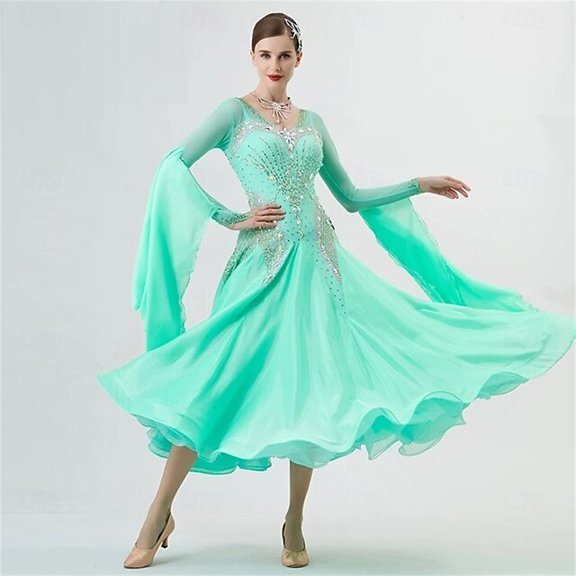 Robe de danse de salon pour femme, manches longues, strass, tenue de ...