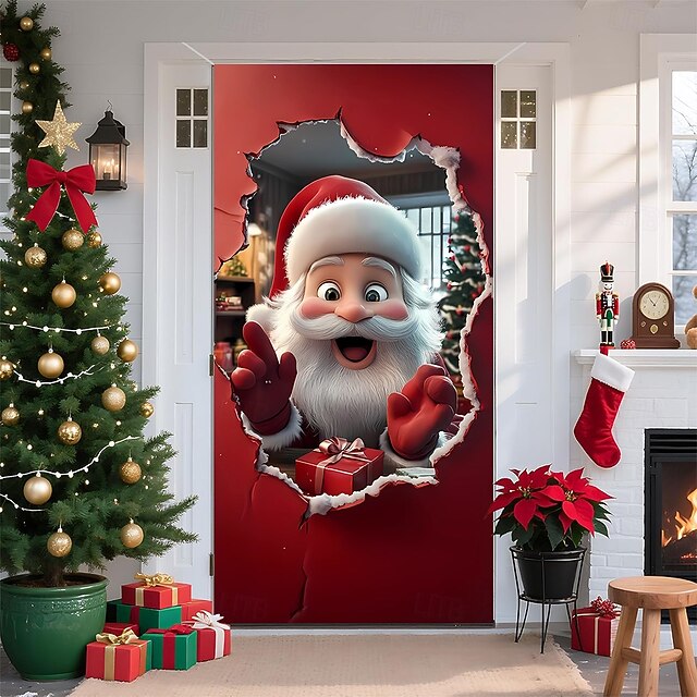 Christmas Posters Door Cover Outdoor Banners Santa Claus Cute 3D Party ...
