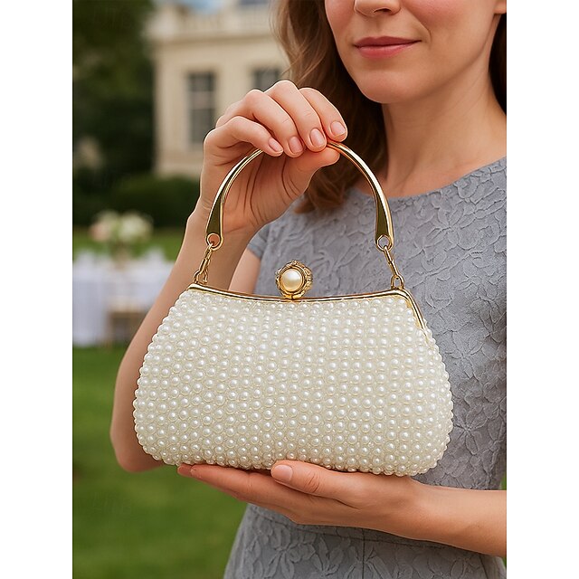 Women's Pearl Beaded Evening Clutch Bag with Gold Handle, Elegant ...