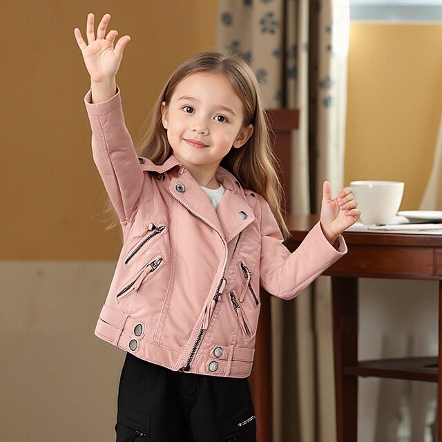 Kids Girls' Black Leather Jacket Jacket Solid Color Fashion Zipper ...