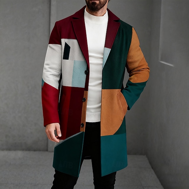Men's Geometric Color Block Lightweight Jacket Overcoat Thermal Warm ...