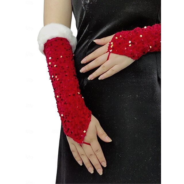 Women's Sequin Red Christmas Gloves with Faux Fur Cuffs, Sparkling ...