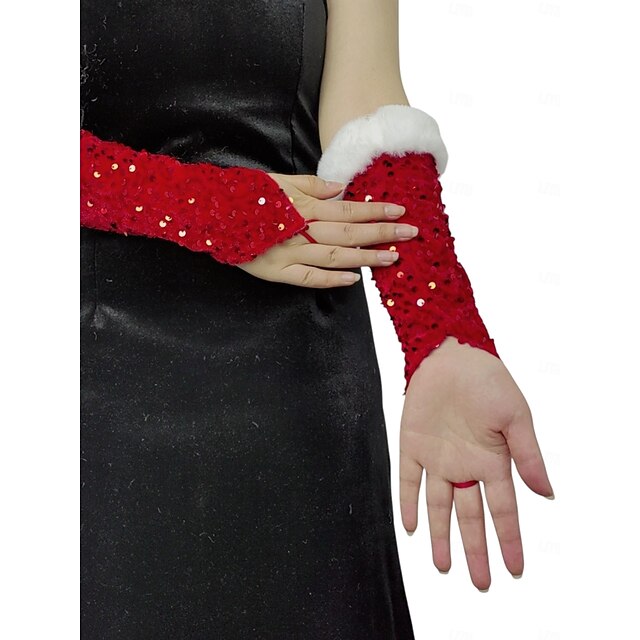 Women's Sequin Red Christmas Gloves with Faux Fur Cuffs, Sparkling ...