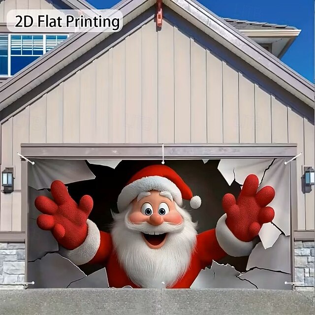 Christmas Garage Door Cover Santa Claus Breaking Through Wall Large ...
