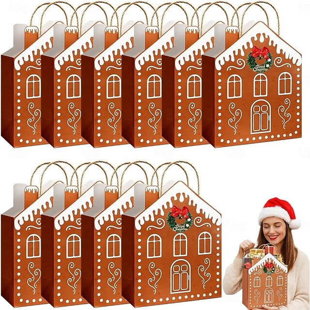 10/20PCS-Gingerbread House Gift Bags Kraft Christmas Gift Bags with ...