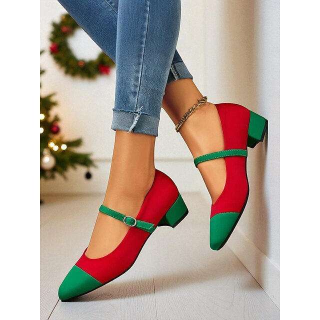 Women's Red and Green Mary Jane Low Heel Shoes, Retro Christmas Color ...