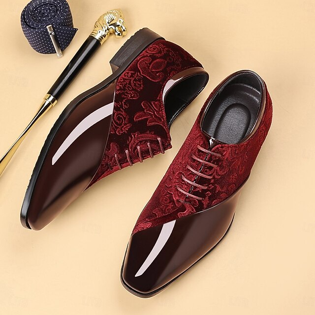Men's Burgundy Embossed Oxford Shoes with Smooth Faux Leather Contrast ...