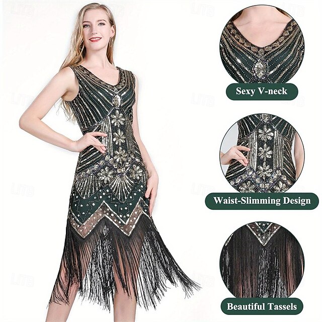 Conjunto Rugido 20s 1920s Vestido Flapper Vestido Cóctel con accesorios ...