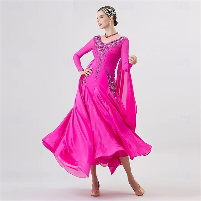 Robe de danse de salon pour femme, manches longues, strass, valse ...