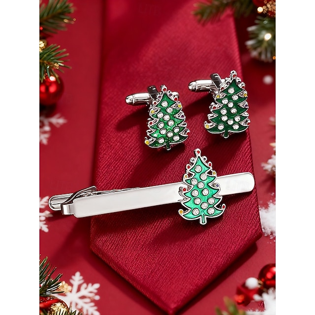 Men's Christmas Tree Cufflinks and Tie Clip Set - Festive Holiday ...