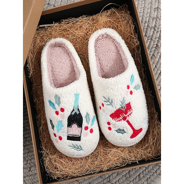 Women's Christmas Holiday Slippers with Wine and Cocktail Embroidery ...