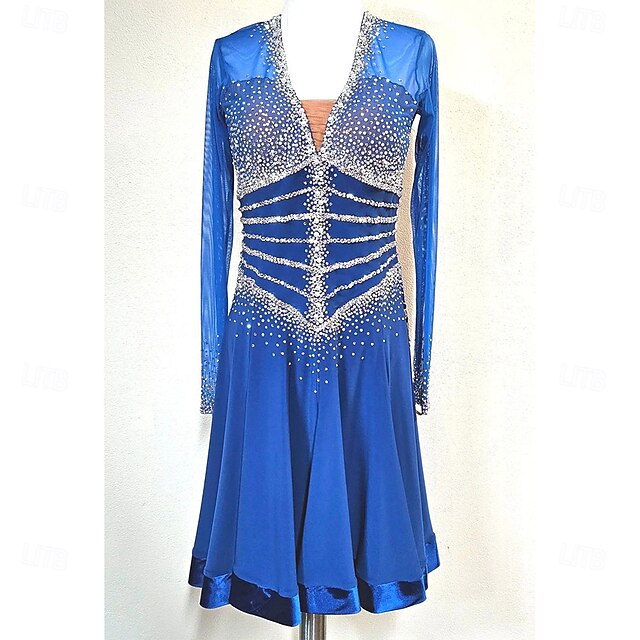 Women's Ballroom Dance Dress Royal Blue Crystal Rhinestone Long Sleeve ...