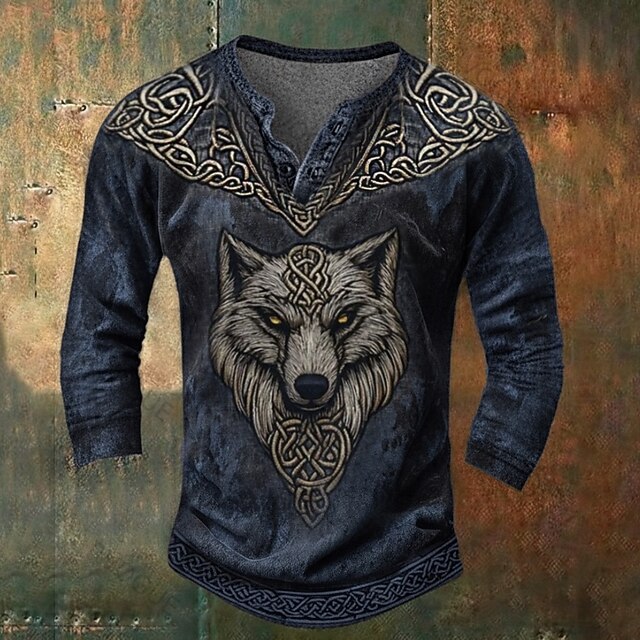 Men's Wolf Vintage Henley Shirt Long Sleeve 3/4 Sleeve Fashion Retro ...