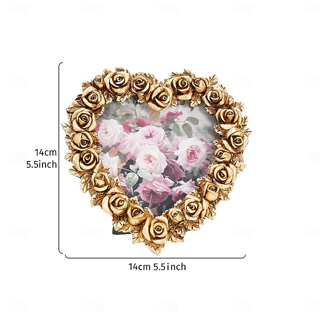 Gold Floral Rose Heart Photo Frame, Resin Heart-Shaped Picture Frame ...