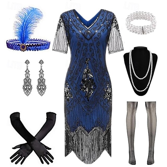 Set Roaring 20s 1920s Knee Length Flapper Dress with Accessories Short ...
