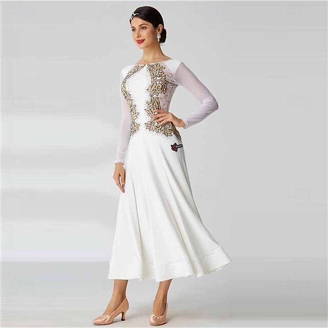 Women's Ballroom Dance Dress Long Sleeve Mesh Waltz Tango Latin ...
