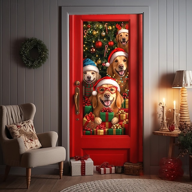 Christmas Door Cover with Cute Dogs, Funny Golden Retrievers in Santa ...