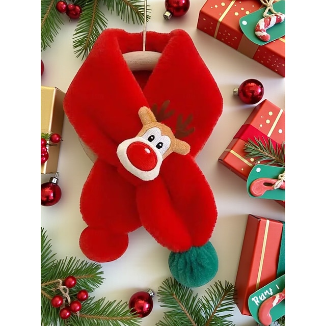 Kid's Christmas Reindeer Plush Scarf with Pom-Pom and Red Nose - Cozy ...