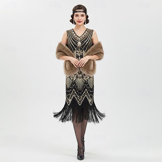 Set Roaring 20s 1920s Knee Length Flapper Dress Fancy Costume Faux Fur ...