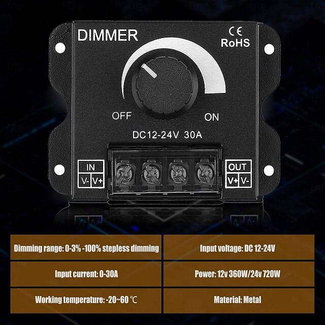 LED Light Strip Dimmer DC12V-24V 30A PWM Dimming Controller for Dimmer ...