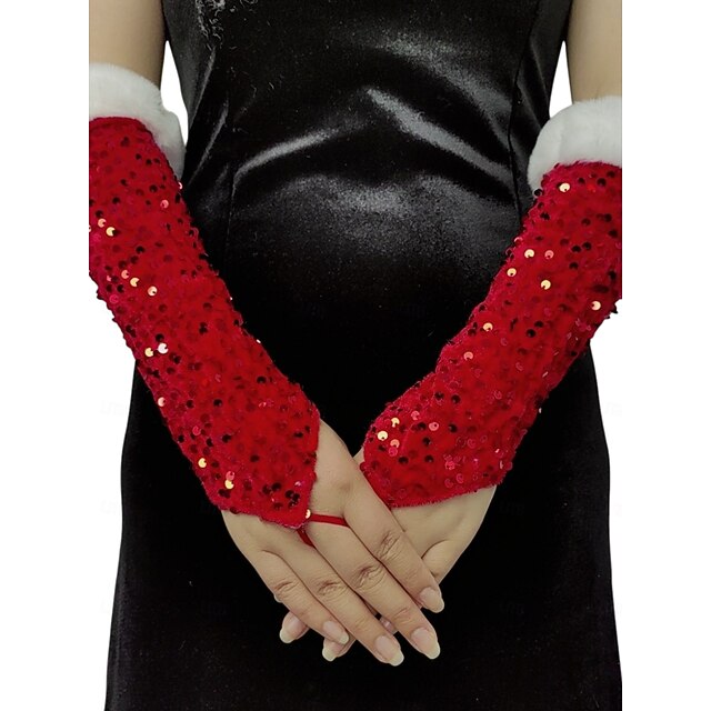 Women's Sequin Red Christmas Gloves with Faux Fur Cuffs, Sparkling ...
