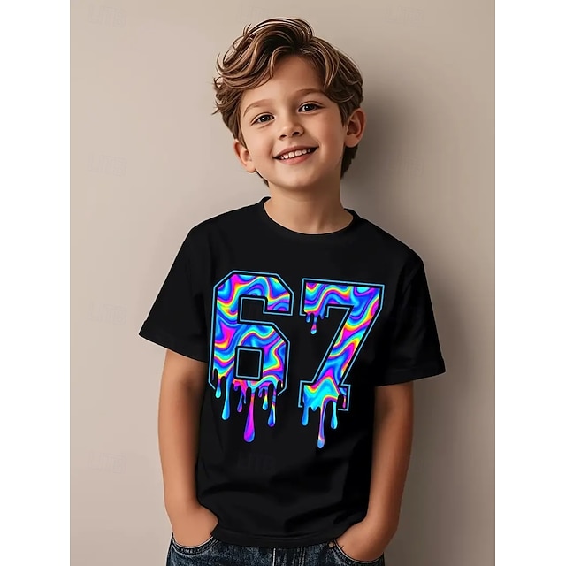 Cotton Kids Boys' Black Graphic Funny Slang 67 T shirt Blouse Crew Neck ...
