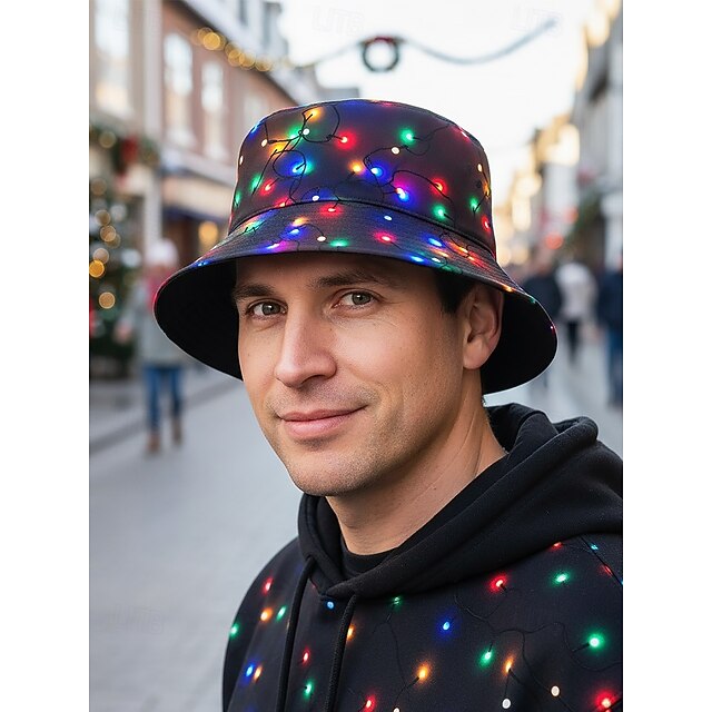 Men's Christmas Bucket Hat - Multiple Colors, LED Light Print Design ...