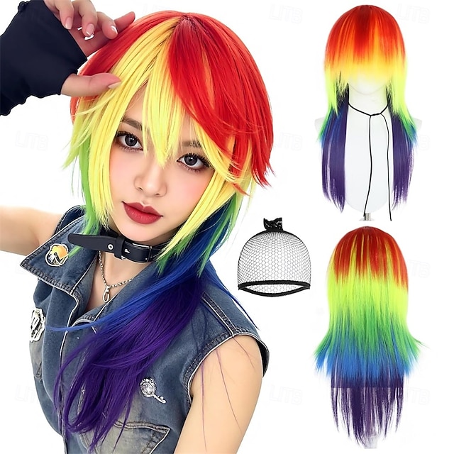 Carnival Wig Red Purple Green Straight Long Synthetic Festival Wig ...