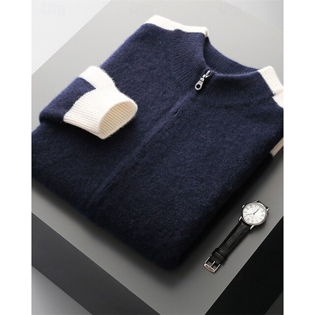 Men's Premium Pure Wool Cashmere Cardigan Sweater Color Block Classic ...