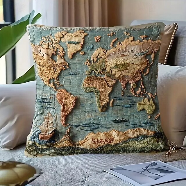 Vintage World Map Pillow Cover with 2D Flat Print Single-Sided Design ...