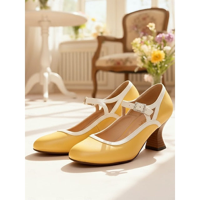 Women's 1950s Vintage-Inspired Yellow Mary Jane Heels with White ...