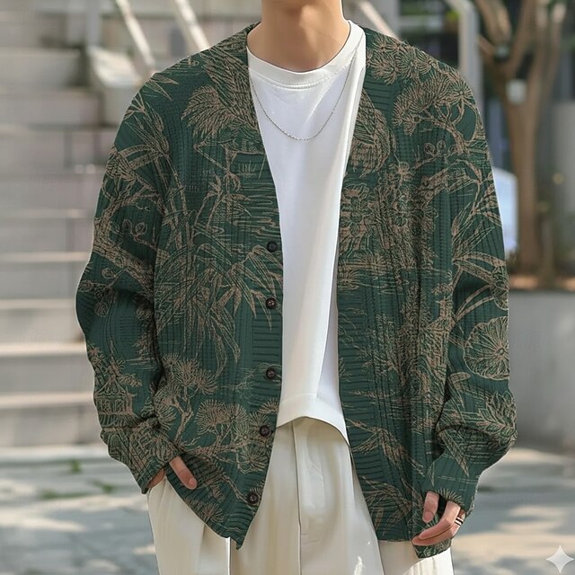 Men's Botanical Cardigan Sweater V Neck Casual School Vacation Daily 3D ...