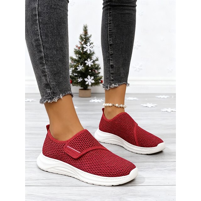Women's Breathable Red Mesh Velcro Walking Shoes – Lightweight Comfort ...