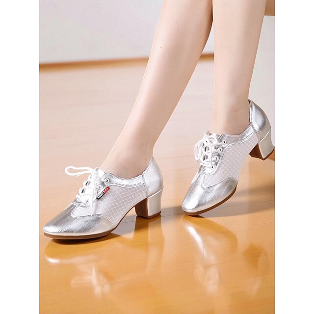 Women's Silver Lace-Up Ballroom Dance Shoes - Comfortable Low Heel ...