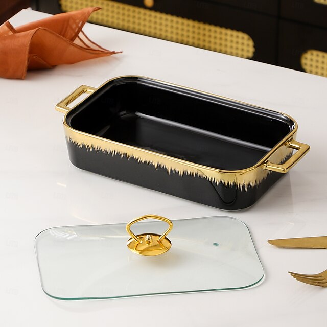 3PCS Full Size Rectangular Ceramic Serving Dish with Glass Lid, Food ...