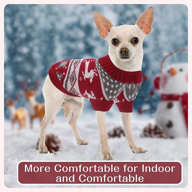 Christmas Dog Sweater - Red Reindeer & Snowflake Pattern Pet Jumper ...