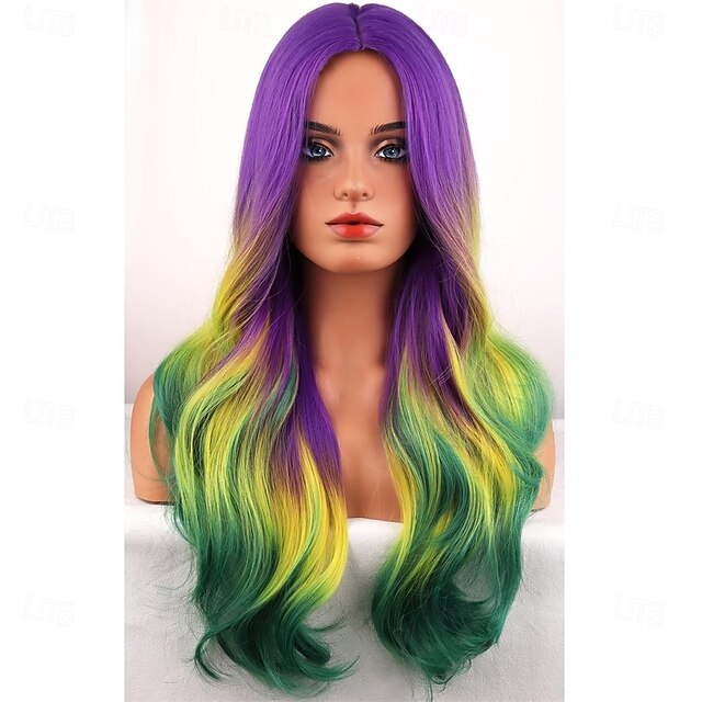 Carnival Wig Blue Purple White Curly Wavy Long Synthetic Festival Wig ...
