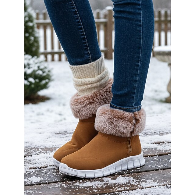 Women's Brown Warm Fur Lined Ankle Boots - Lightweight Snow Boots with ...