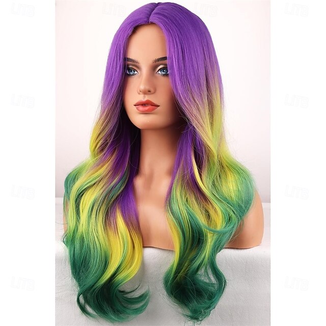 Carnival Wig Blue Purple White Curly Wavy Long Synthetic Festival Wig ...