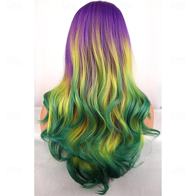 Carnival Wig Blue Purple White Curly Wavy Long Synthetic Festival Wig ...