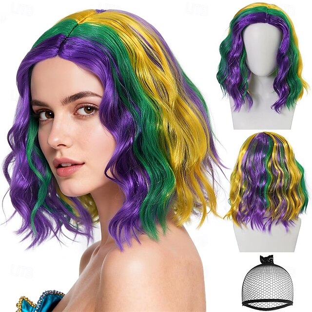 Carnival Wig Blonde Pink Blue Curly Short Synthetic Festival Wig Mardi ...