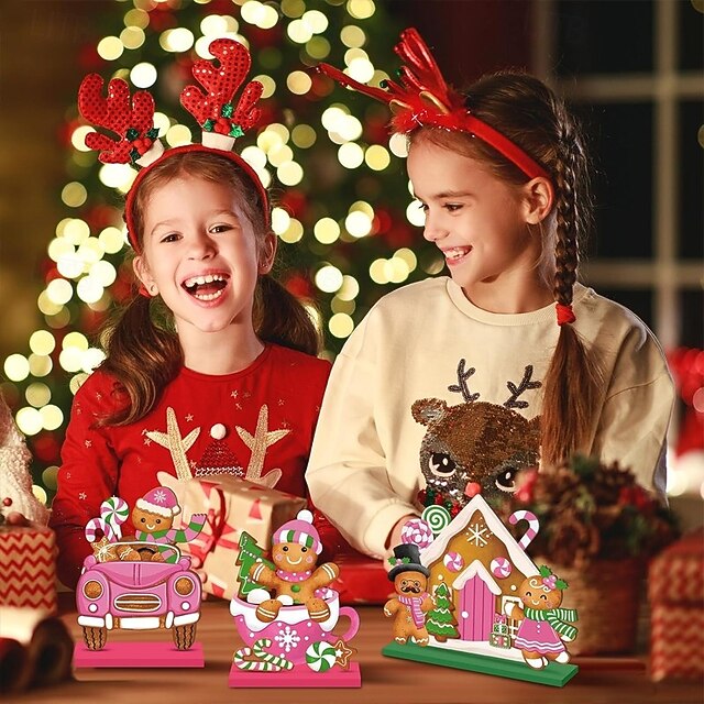 5pcs Christmas Wooden Table Decorations Pink Gingerbread Man Holiday ...