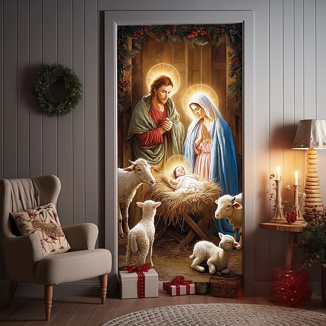 Christmas Door Cover Nativity Scene Design Holiday Curtain Hanging ...