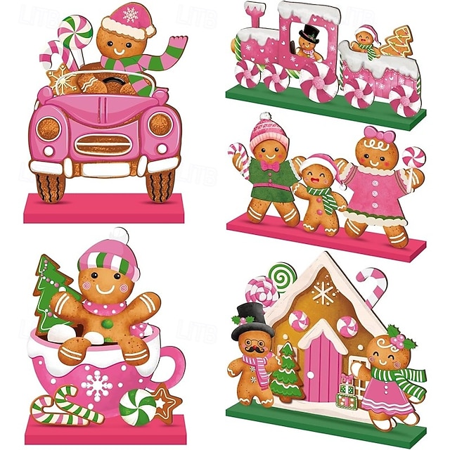 5pcs Christmas Wooden Table Decorations Pink Gingerbread Man Holiday ...