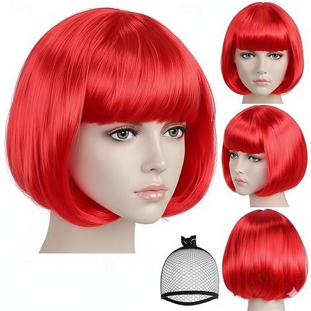 Carnival Wig 2026 Red Blue Purple Straight Bob Short Synthetic Festival ...