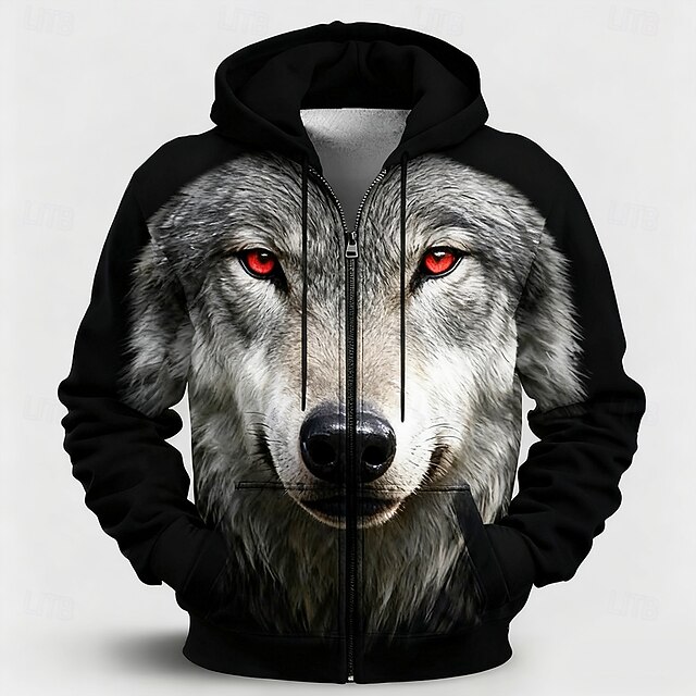 Men's Wolf Hoodie Jacket Sweatshirt Fantasy All Over Print Zip Vacation ...