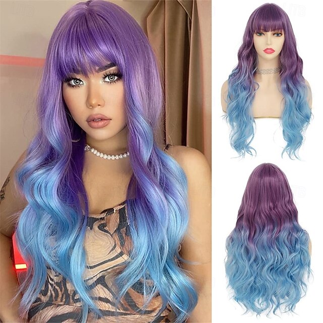 Carnival Wig 2026 Blue Purple Ombre Curly Wavy Long Synthetic Festival ...
