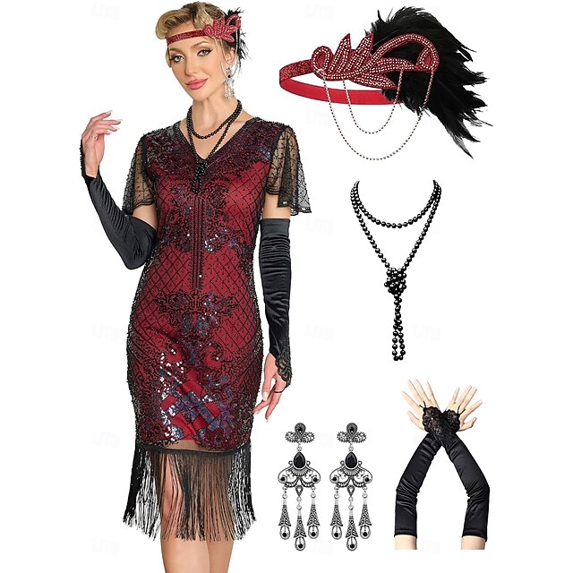 Set Roaring 20s 1920s Knee Length Dress Flapper Dress Outfits with ...