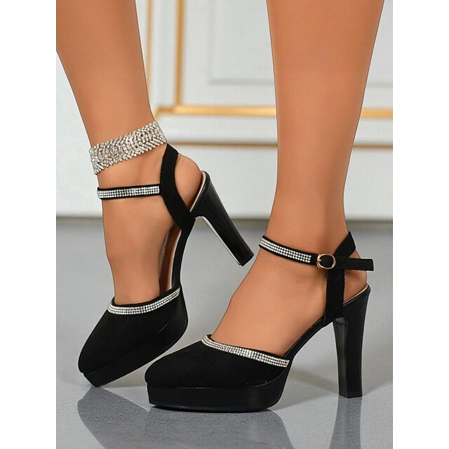 Women's Black Rhinestone Ankle Strap Platform Pumps - Glamorous Party ...