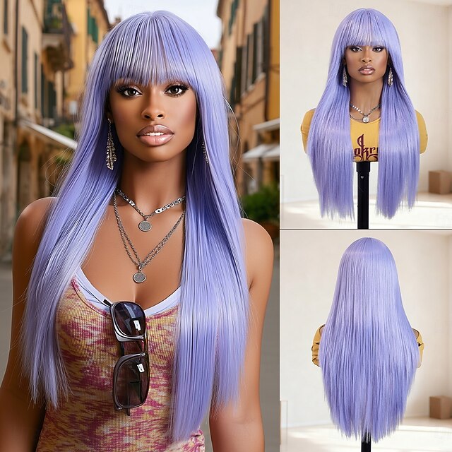 Synthetic Wig Straight Natural Straight Middle Part Neat Bang Wig 26 ...